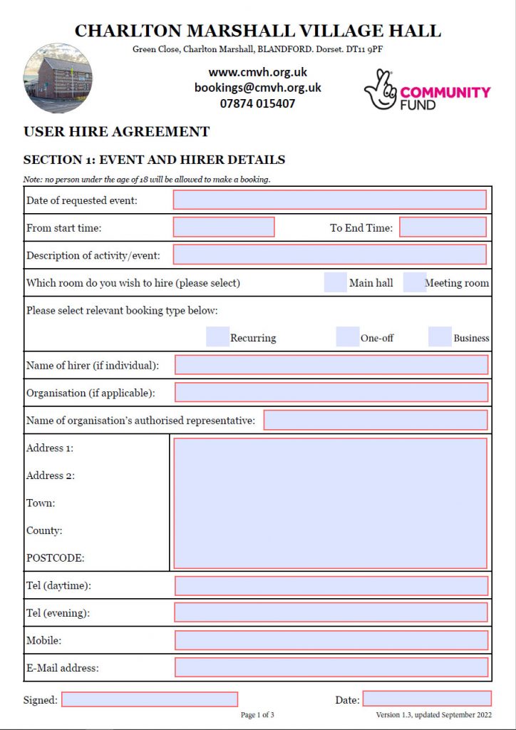 BOOKING FORM - CHARLTON MARSHALL VILLAGE HALL
